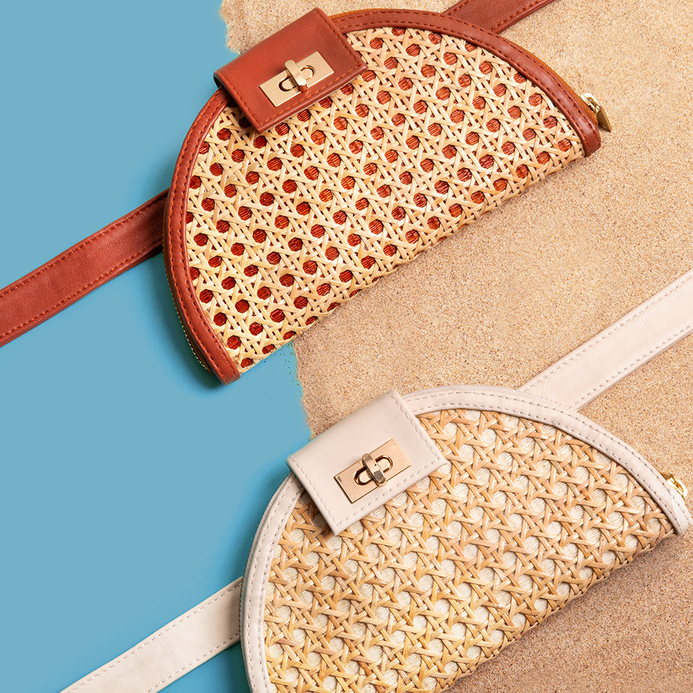 THE HANNAH Cream Leather & Rattan Weave Crossbody & Belt Bag – Soli & Sun